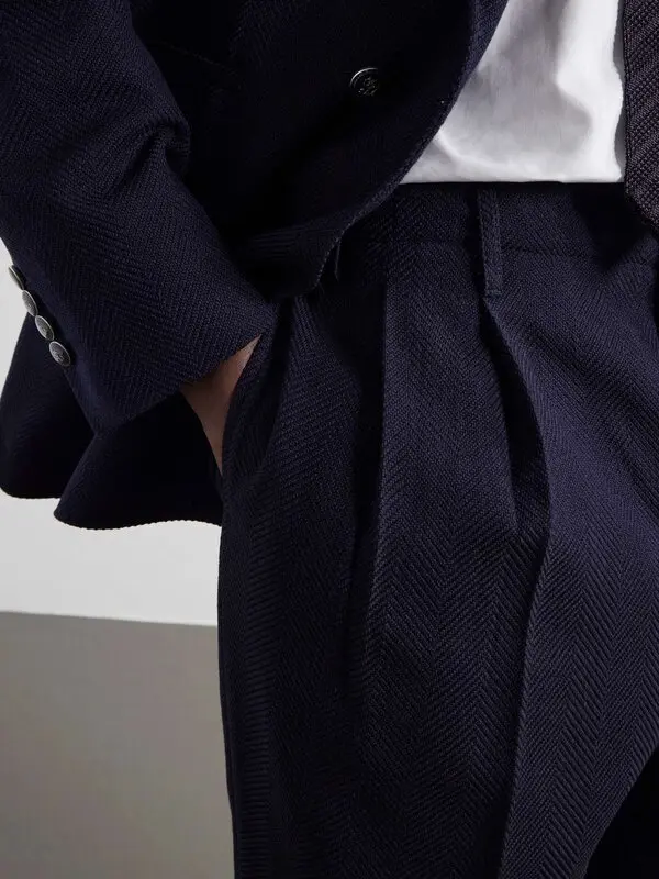Brunello Cucinelli Tapered Pleated Wool And Cotton-blend Herringbone Suit Trousers