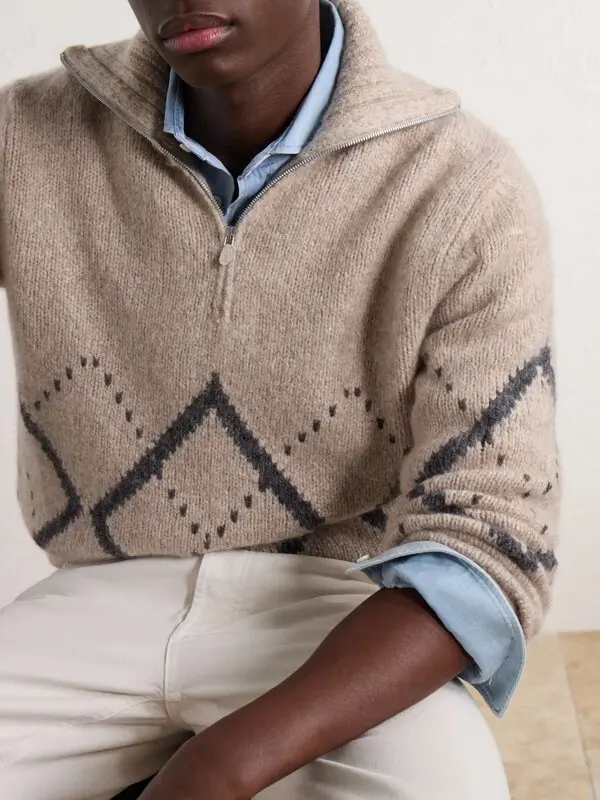 Brunello Cucinelli Fair Isle Cashmere And Silk-blend Half-zip Sweater