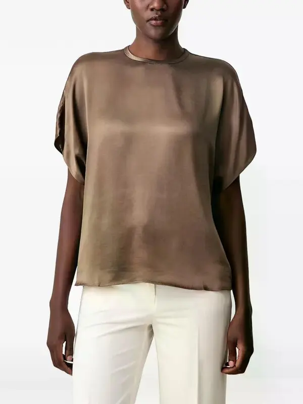 Sisley Satin-finish Short-sleeve Blouse - Brown