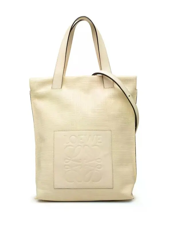 Loewe 2000-2026 Linen Embossed Calfskin Anagram Shopper Tote Satchel - Brown