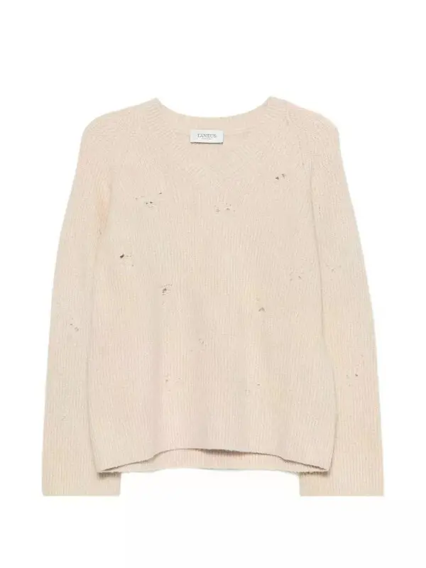 LANEUS Distressed Ribbed-knit Sweater