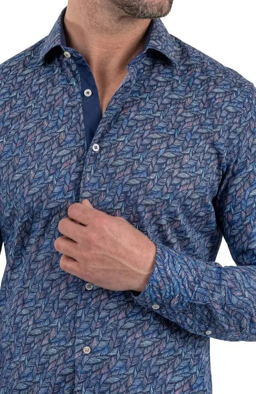 MACEOO Einstein Herringbone Print Performance Dress Shirt - Blue