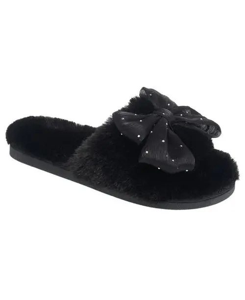 Thalia Sodi Blingbo Faux Fur Bling Bow Slipper - Black