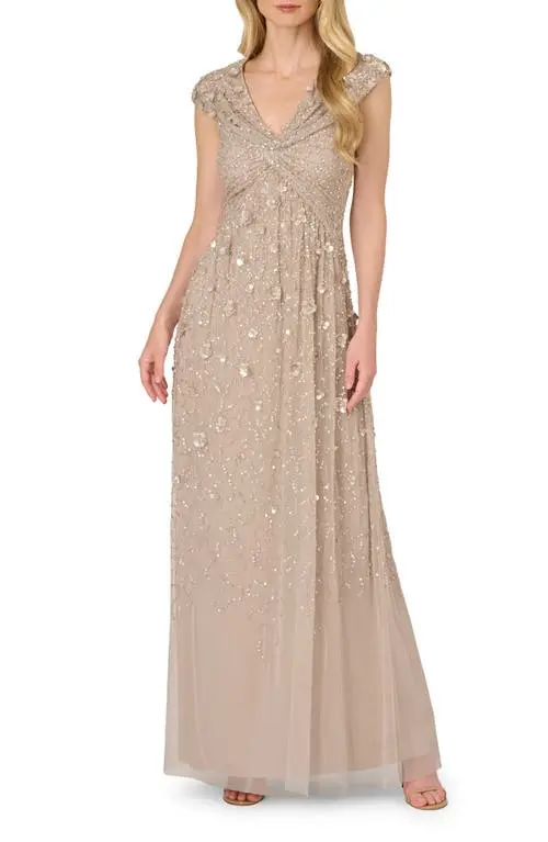 Adrianna Papell Beaded Empire Waist Ball Gown - Marble