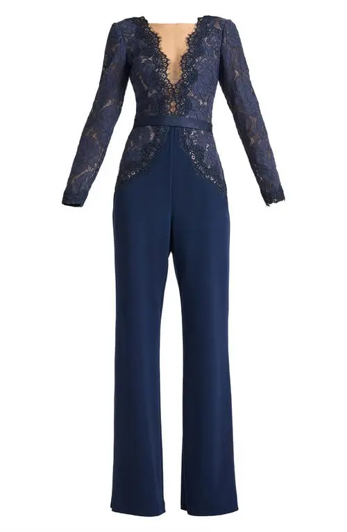 Tadashi Shoji Amaris Plunging Illusion Lace Jumpsuit