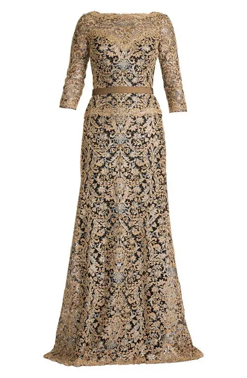 Tadashi Shoji Aziza Sequin Embroidered Tulle Gown - Copper Shadow/black