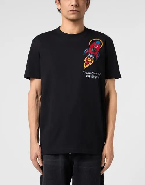 Philipp Plein Round Neck T-shirt Space Rocket Patch - Black