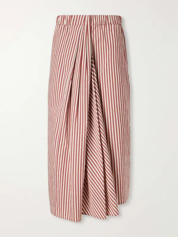 Brunello Cucinelli Asymmetric Pleated Striped Cotton-blend Seersucker Midi Skirt
