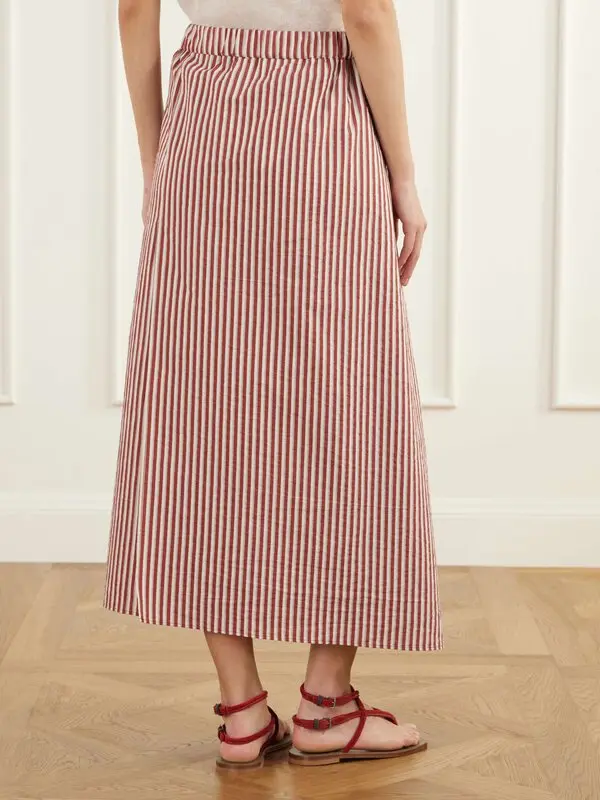 Brunello Cucinelli Asymmetric Pleated Striped Cotton-blend Seersucker Midi Skirt