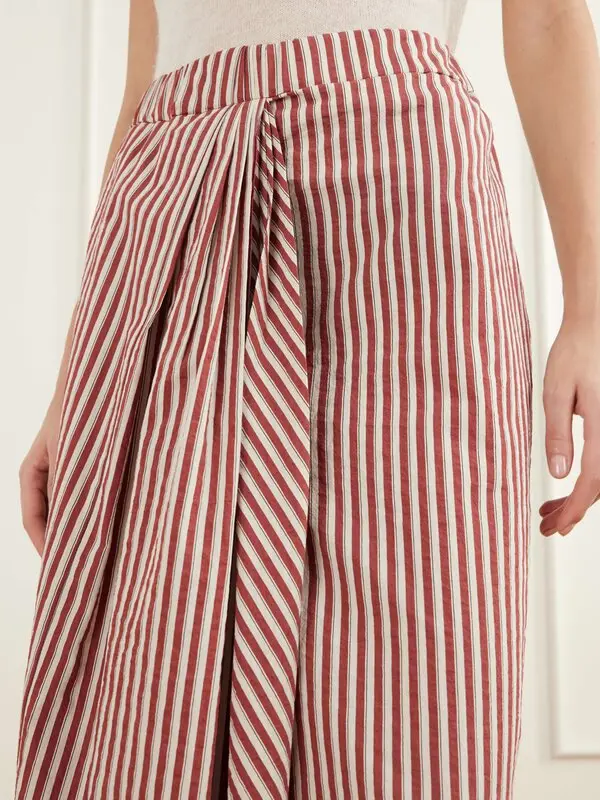 Brunello Cucinelli Asymmetric Pleated Striped Cotton-blend Seersucker Midi Skirt