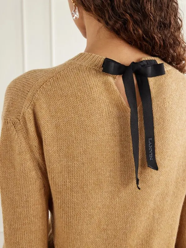 LANVIN Knot-detailed Grosgrain-trimmed Cashmere Sweater - Brown