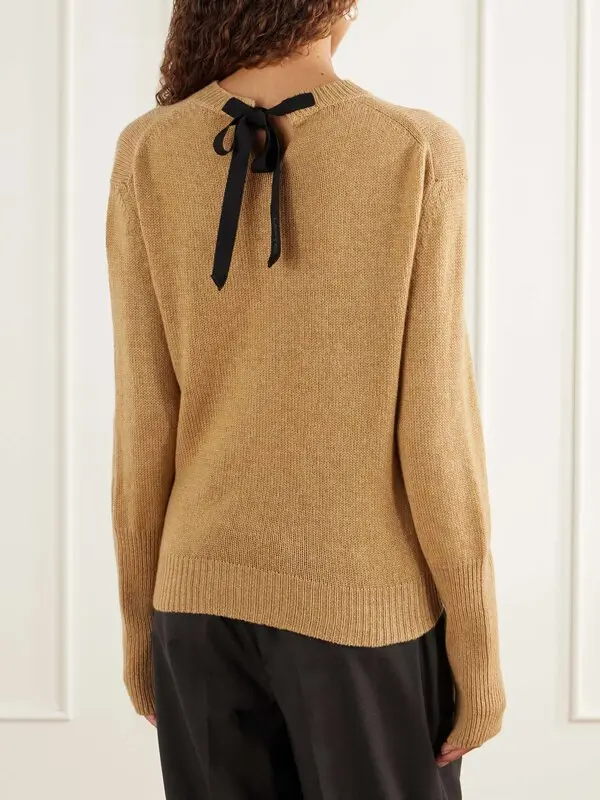 LANVIN Knot-detailed Grosgrain-trimmed Cashmere Sweater - Tan