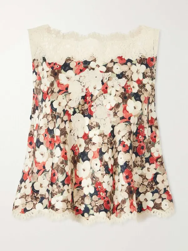 DÔEN Valerina Floral-print Lace-trimmed Silk-satin Cami