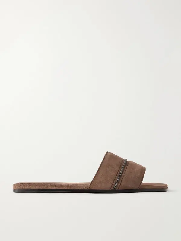 Brunello Cucinelli Monilli-embellished Suede Slides - Brown