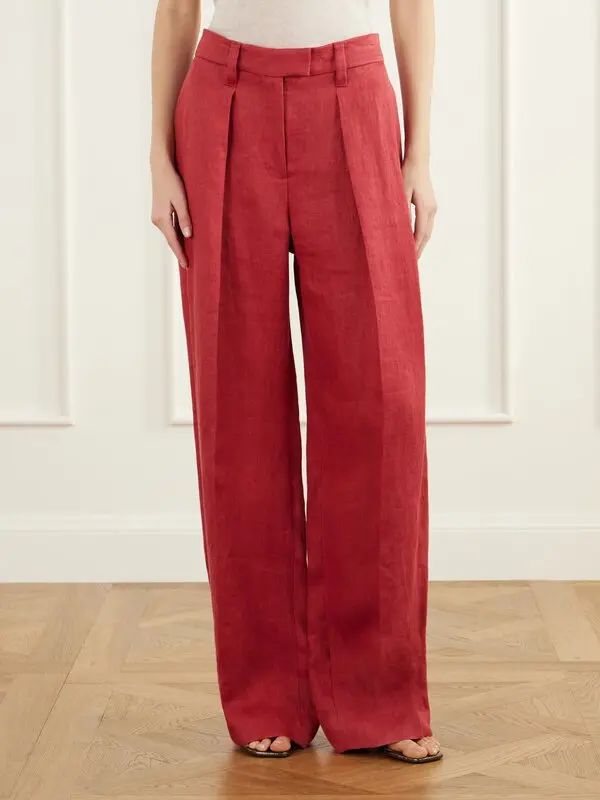 Brunello Cucinelli Pleated Linen-canvas Straight-leg Pants - Red