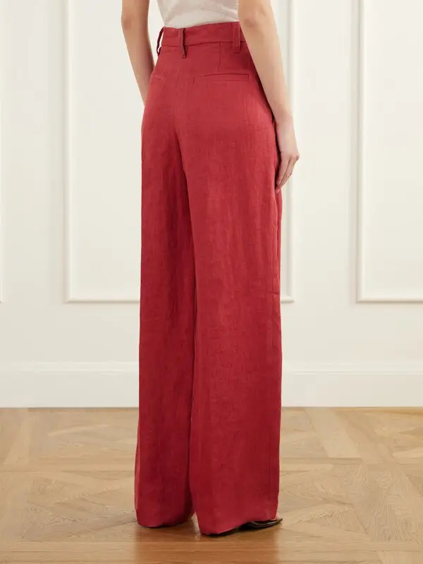 Brunello Cucinelli Pleated Linen-canvas Straight-leg Pants - Red