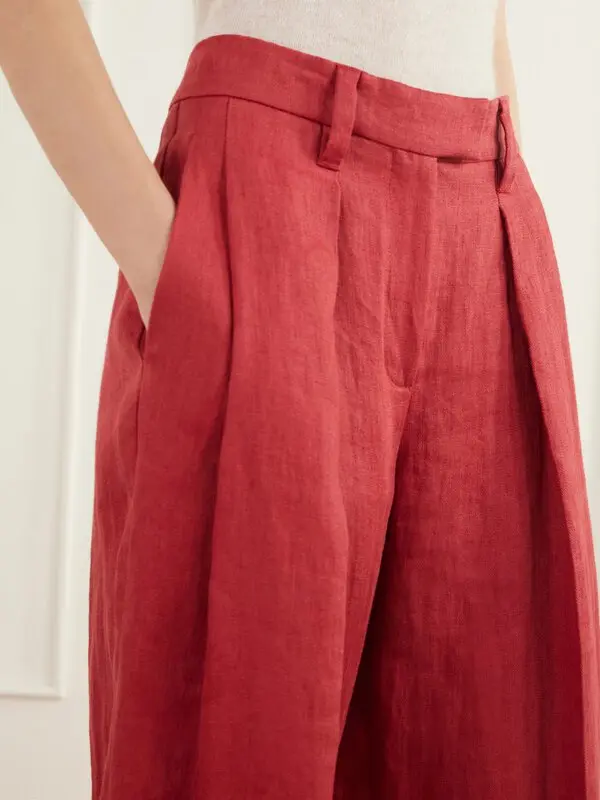 Brunello Cucinelli Pleated Linen-canvas Straight-leg Pants - Red