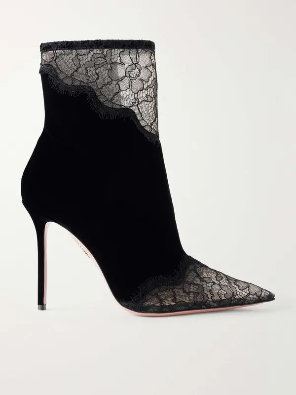 AQUAZZURA Velvet Meadow Bootie 105 Lace-trimmed Velvet Ankle Boots
