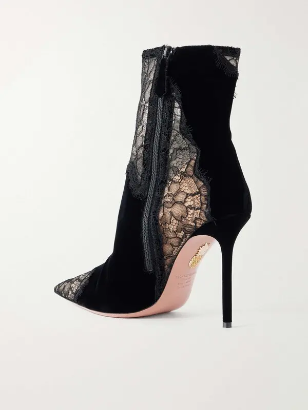 AQUAZZURA Velvet Meadow Bootie 105 Lace-trimmed Velvet Ankle Boots