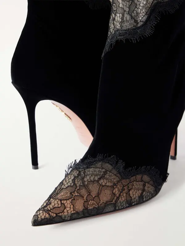 AQUAZZURA Velvet Meadow Bootie 105 Lace-trimmed Velvet Ankle Boots