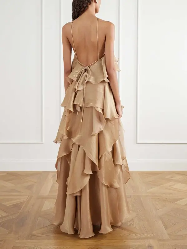 Aje Marlo Floral-appliquéd Ruffled Layered Chiffon Gown