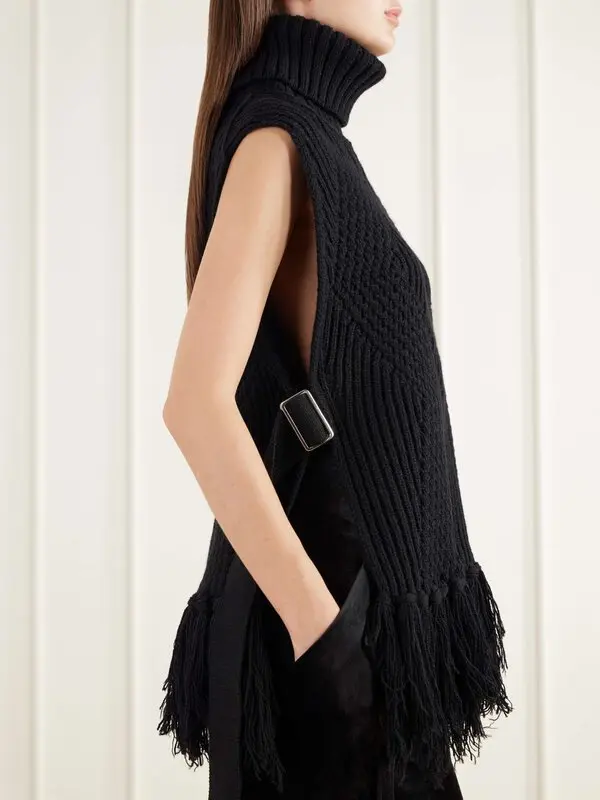 Junya Watanabe Belted Fringe-trimmed Ribbed Wool Turtleneck Vest
