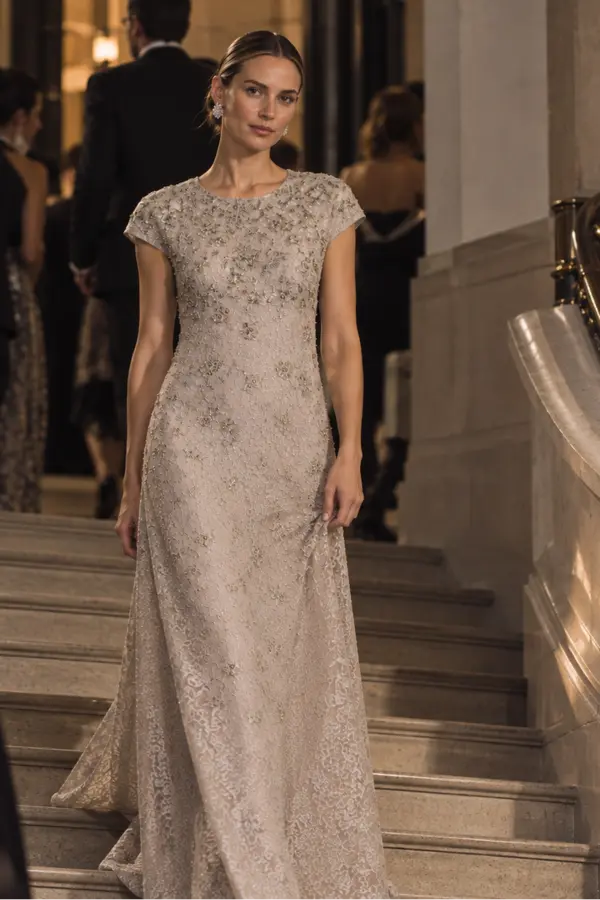 Sachin & Babi Madrid Silver Metallic Lace Cap Sleeve A-line Gown