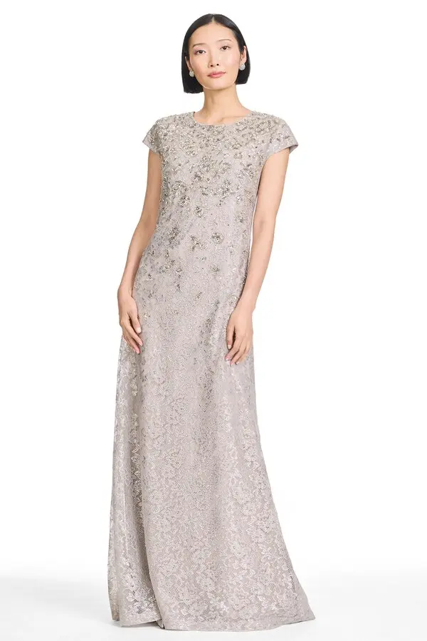 Sachin & Babi Madrid Silver Metallic Lace Cap Sleeve A-line Gown