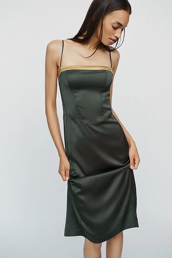 Anthropologie Open Back Slip Midi Dress - Olive