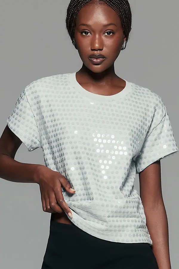 PILCRO Billie 100% Cotton Sequed Tee - Light Grey