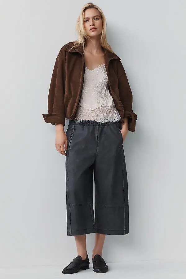 PILCRO Izzie Faux Leather Cropped Barrel Leg Pants - Black