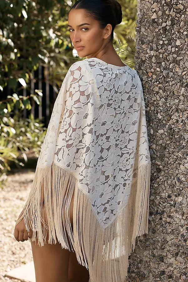 MALAI Bloom Tide Cotton Blend Lace Frge Poncho - Ivory