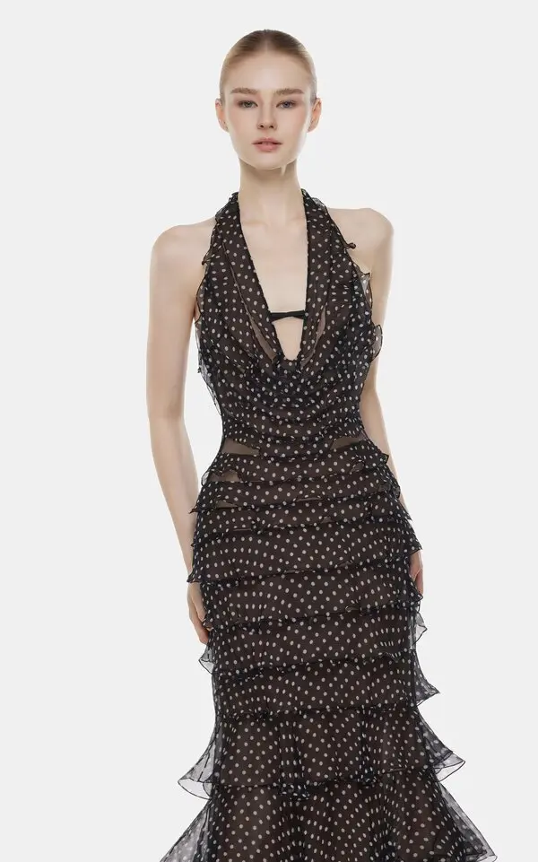 MONTSAND Polka Dot Halter Silk Maxi Dress