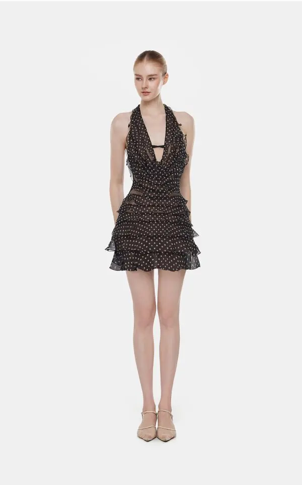 MONTSAND Polka Dot Halter Silk Mini Dress