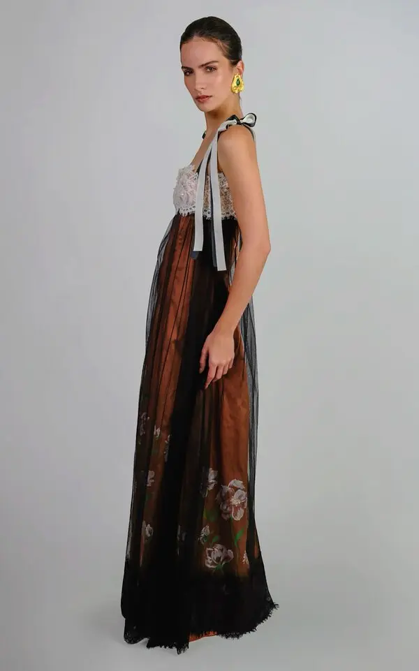 SALMA OSMAN Hand-painted Floral Tulle Gown