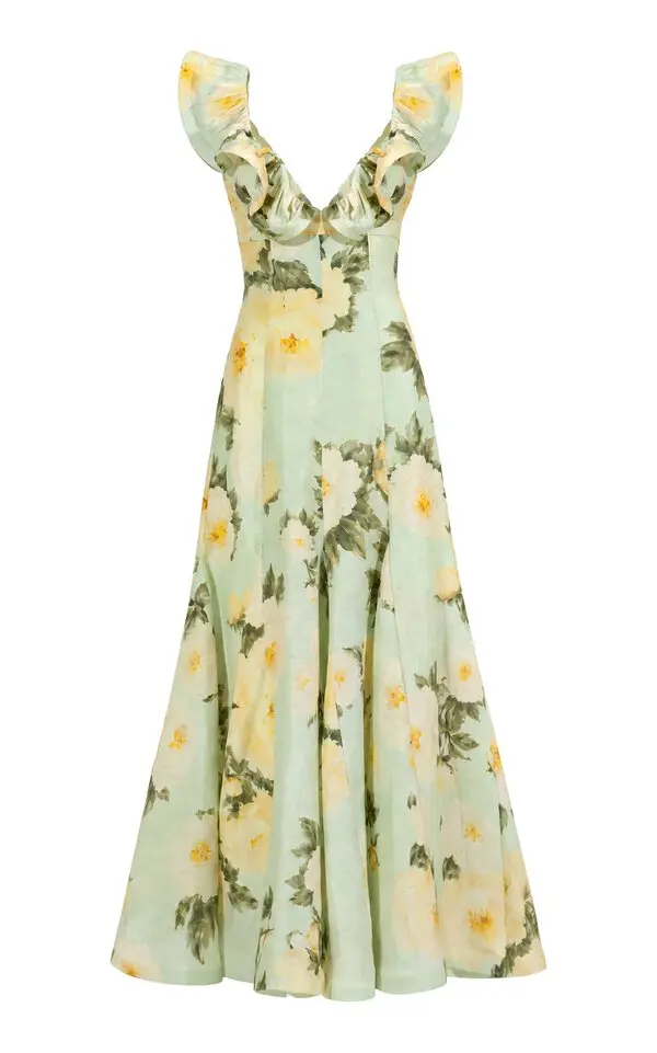 LA FUORI Celadon Bloom Linen-silk Maxi Dress