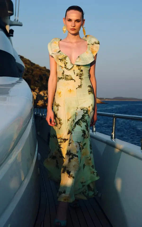 LA FUORI Celadon Bloom Linen-silk Maxi Dress