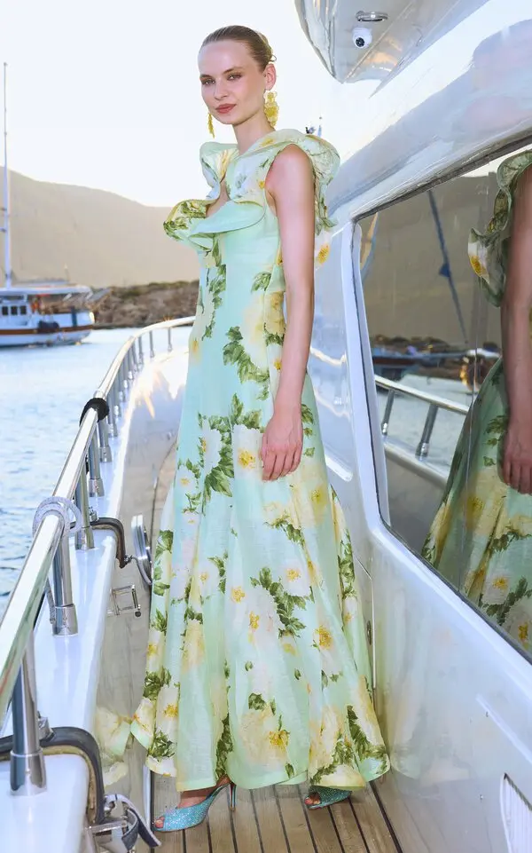 LA FUORI Celadon Bloom Linen-silk Maxi Dress