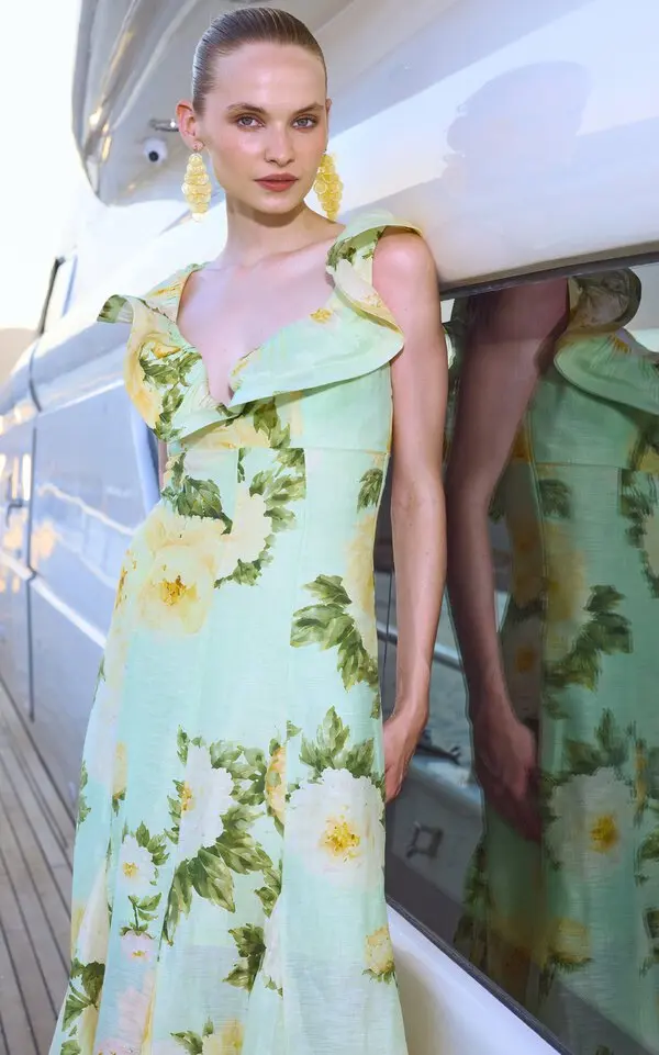 LA FUORI Celadon Bloom Linen-silk Maxi Dress
