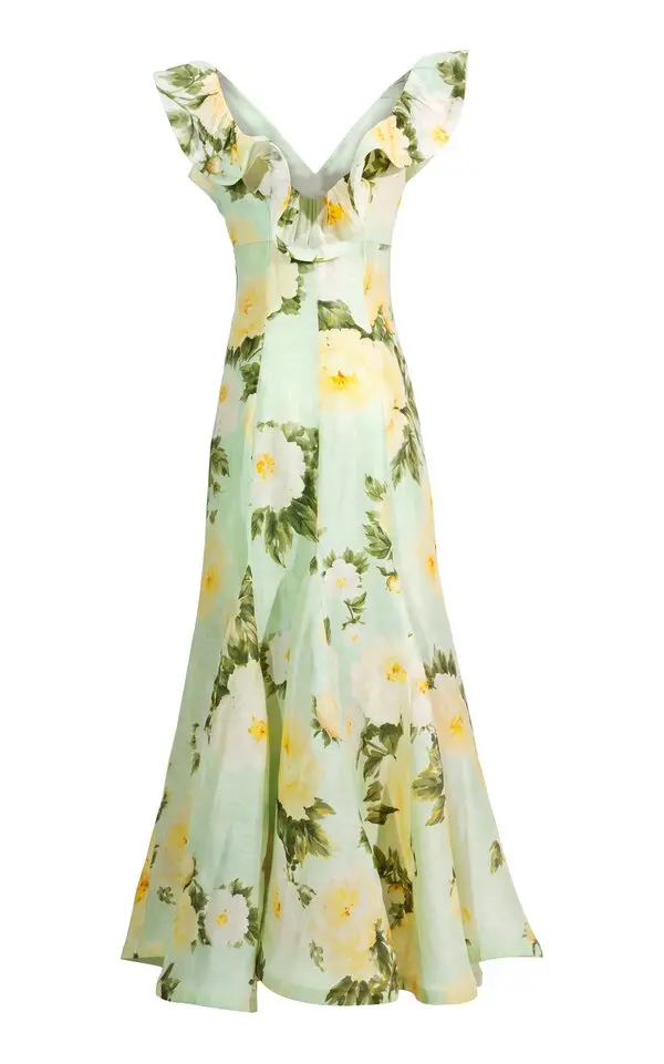 LA FUORI Celadon Bloom Linen-silk Maxi Dress
