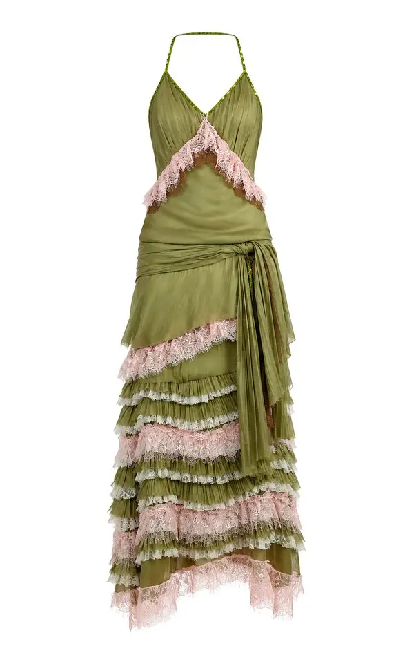SALMA OSMAN Satin Ruffle Halter Silk-blend Gown