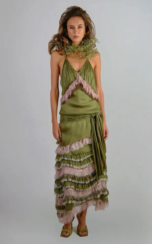 SALMA OSMAN Satin Ruffle Halter Silk-blend Gown