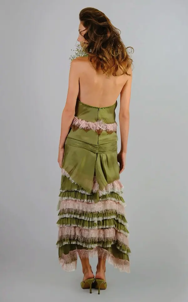 SALMA OSMAN Satin Ruffle Halter Silk-blend Gown