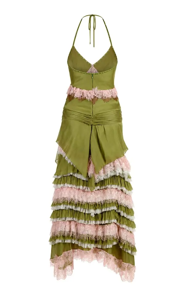 SALMA OSMAN Satin Ruffle Halter Silk-blend Gown