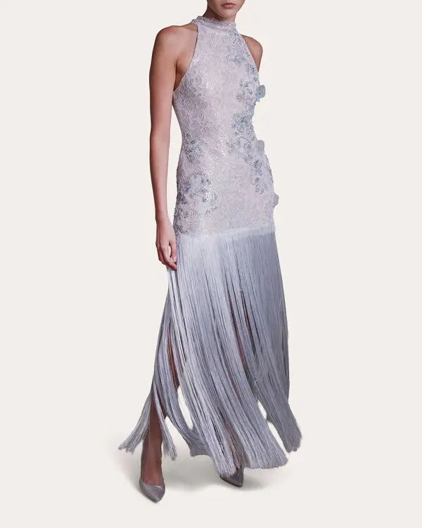 FRANCESCA MIRANDA Siena Beaded Lace Fringe Maxi Dress