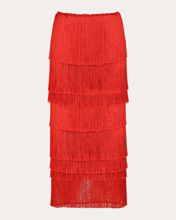 FRANCESCA MIRANDA Tempo Tiered Silk Fringe Maxi Skirt - Red