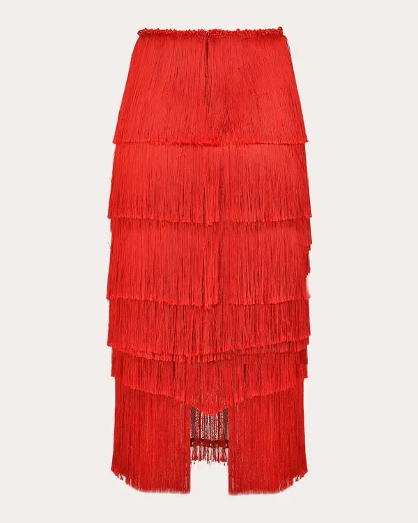 FRANCESCA MIRANDA Tempo Tiered Silk Fringe Maxi Skirt - Red