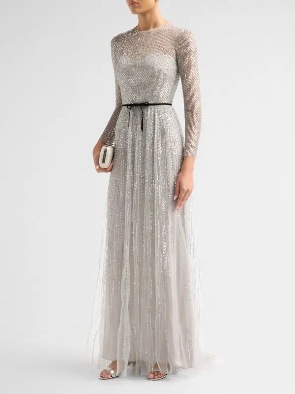 Monique Lhuillier Embroidered Tulle Sheer A-line Gown