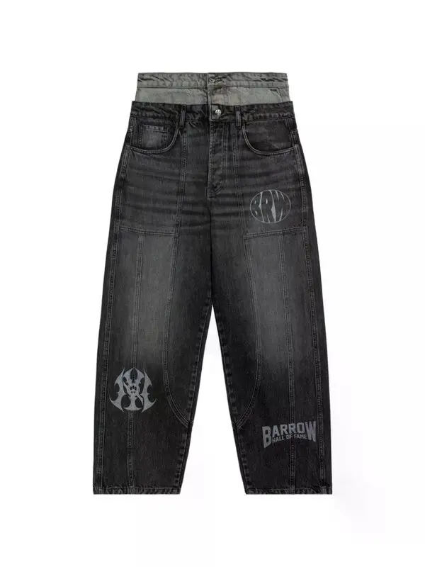 BARROW Double-waistband Logo-print Jeans - Black