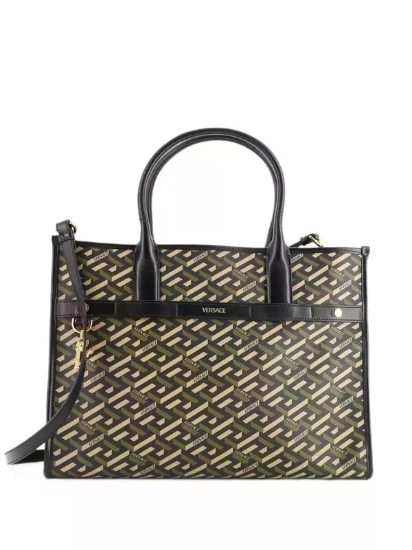 Versace Top Handle La Greca Signature Coated Canvas Medium Tote Bag - Green